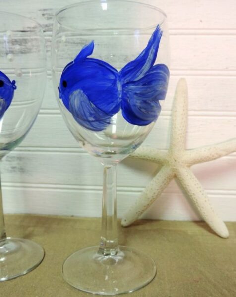 Pretty Blue Fish Hand Painted Wine Glasses, Beachy Housewarming Gift