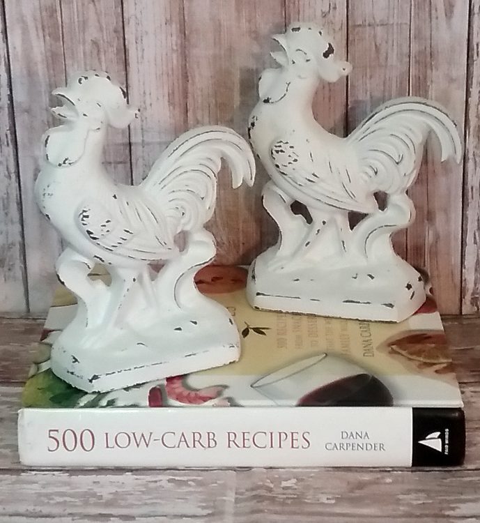 Painted Cast Iron White French Country Rooster Bookends