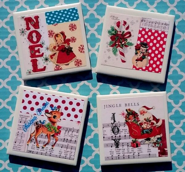 Handmade Retro Vintage Kitsch Christmas Coaster Set Gift