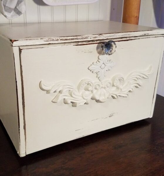 White Distressed Shabby Chic French Bread Box Elegant Kitchen Decor