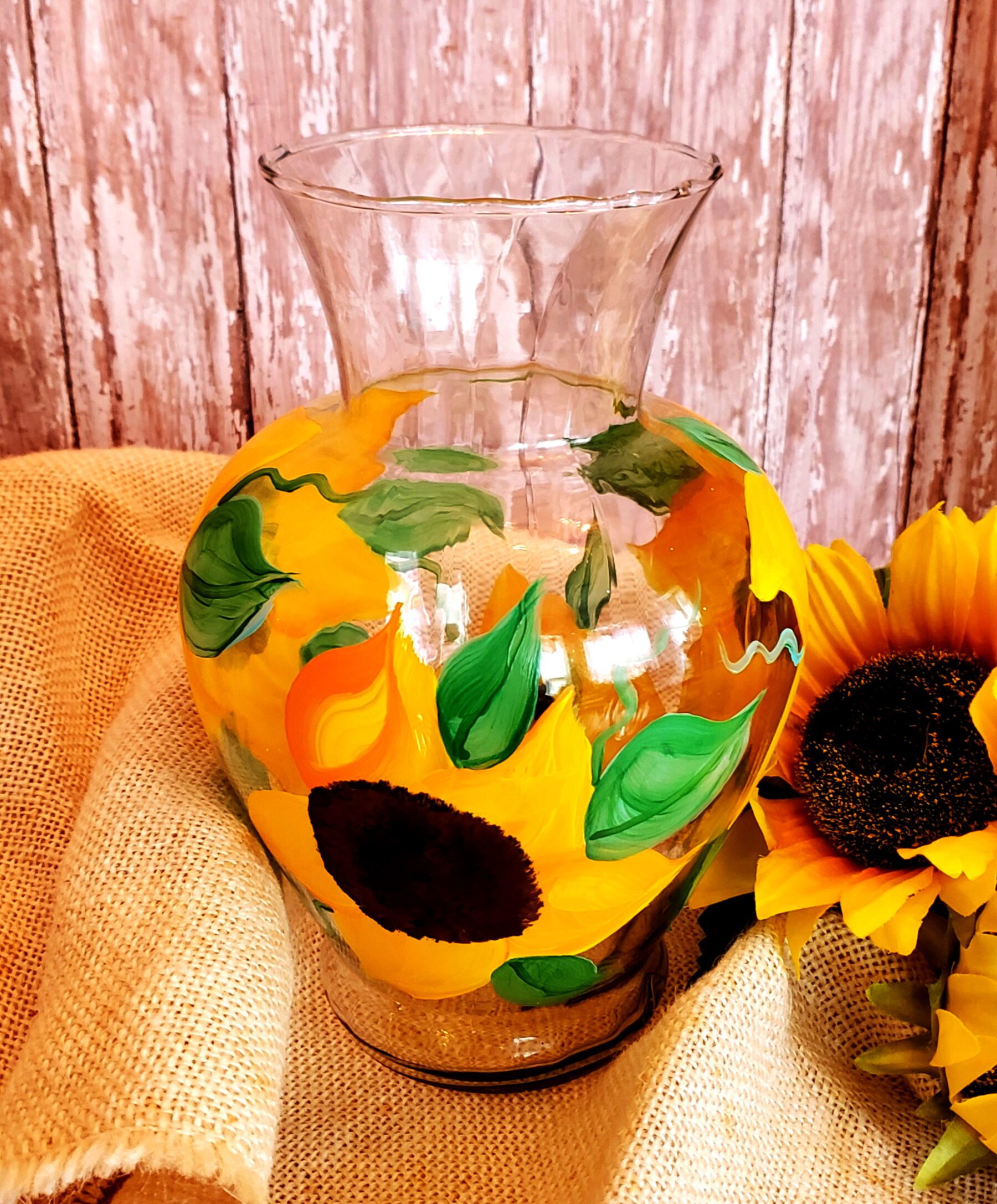 Large Hand Painted Sunflower Glass Vase Country Decor