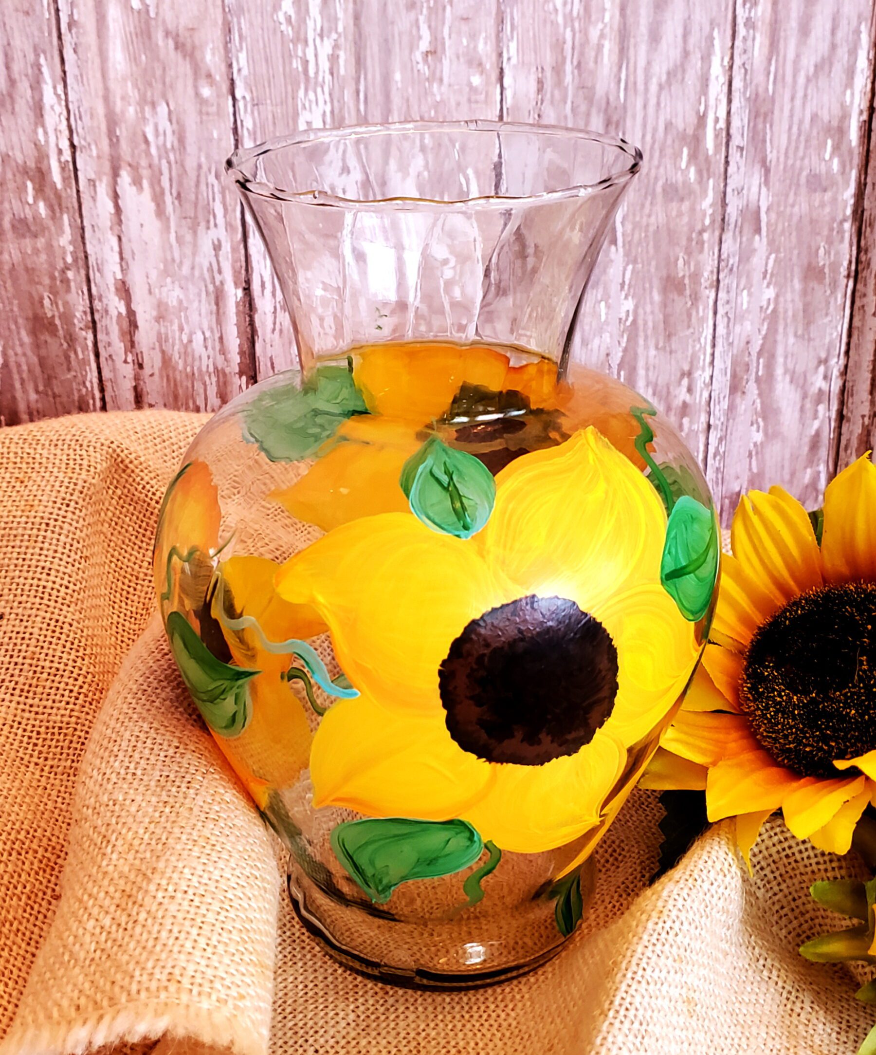 Large Hand Painted Sunflower Glass Vase Country Decor