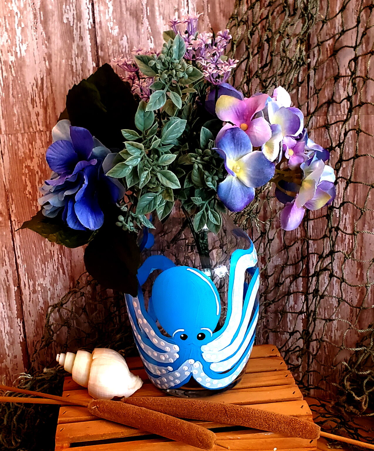 Cute Hand Painted Blue Octopus Vase, Table Centerpiece