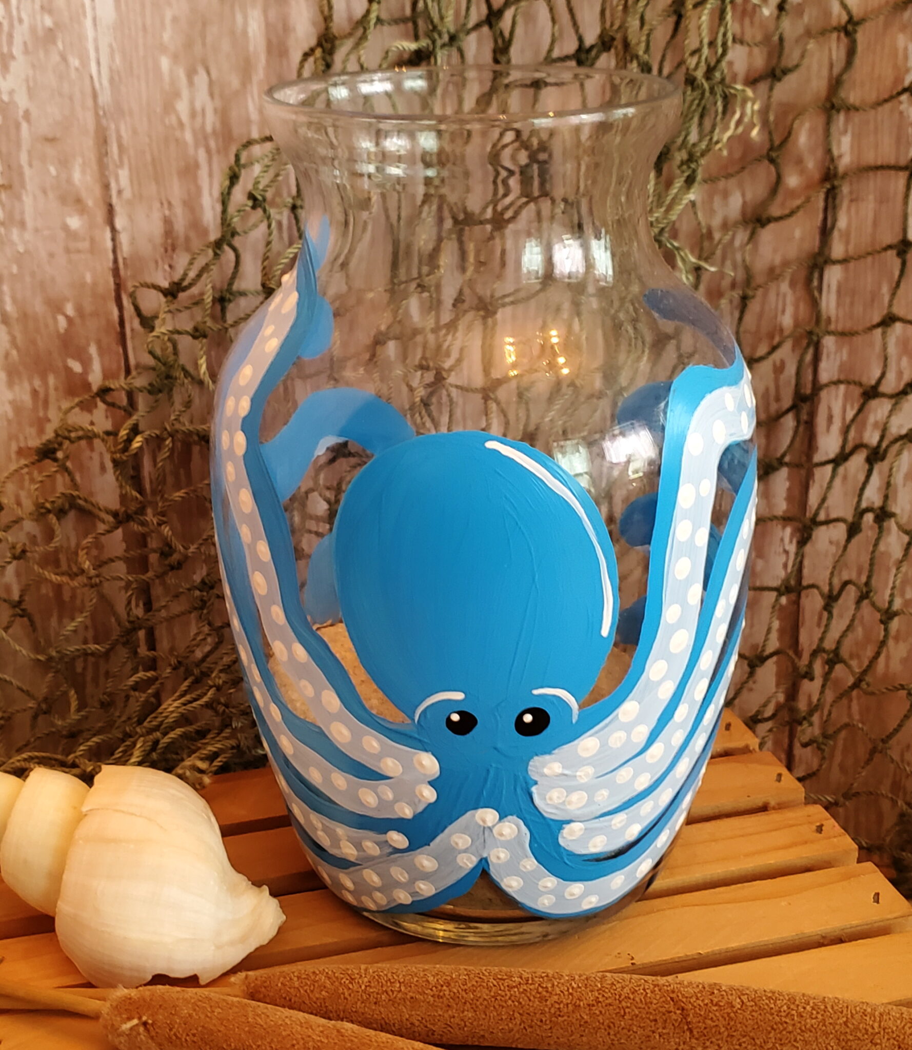 Cute Hand Painted Blue Octopus Vase, Table Centerpiece