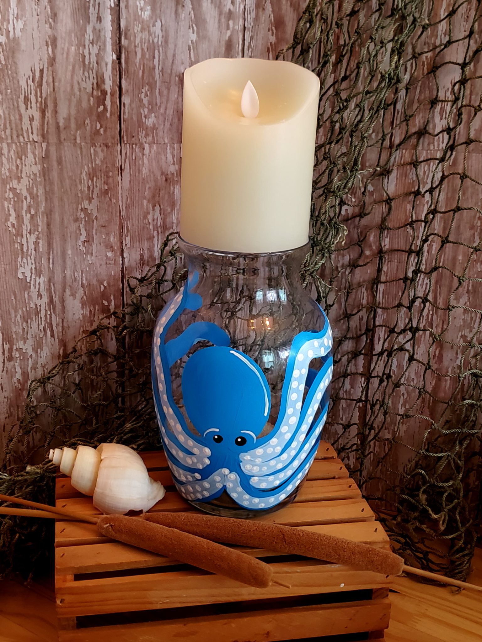 Cute Hand Painted Blue Octopus Vase, Table Centerpiece